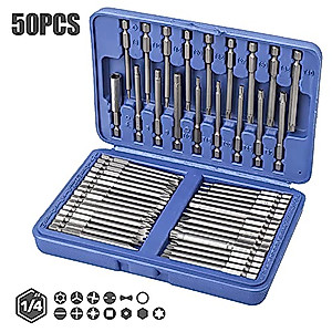 Screwdriver Bit Set, Sunsbell Security Bit Set Extra Long Magnetic Driver Kit, Drill Screwdriver Bit Set, Screw Driver Bits with Case, Hex, Star Bits, Square, Spanner Bits - 50Pcs