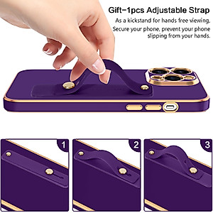BENTOBEN for iPhone 13 Pro Max Case with Wristband Strap, Slim Luxury Electroplated Bumper Women Men Girl Protective Soft Case Cover for iPhone 13 Pro Max 6.7 inch,Deep Purple/Gold