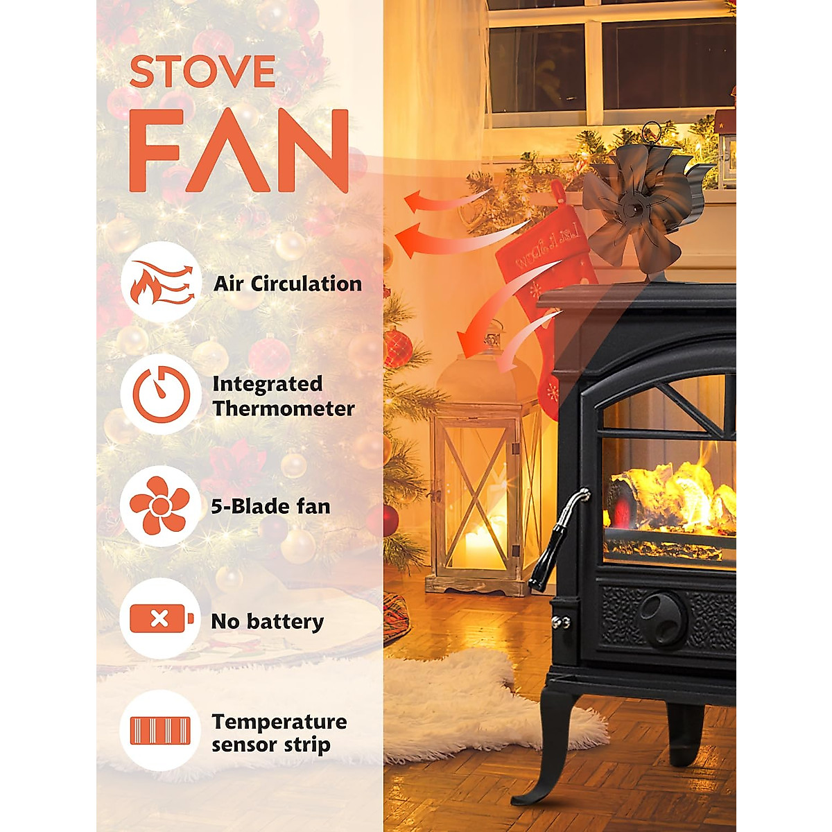 CUCRSE Wood Stove Fan Heat Powered, 5 Blade, Eco Thermoelectric Fan Non Electric with Integrated Thermometer for Wood Burning Stove/Gas/Pellet/Log/propane