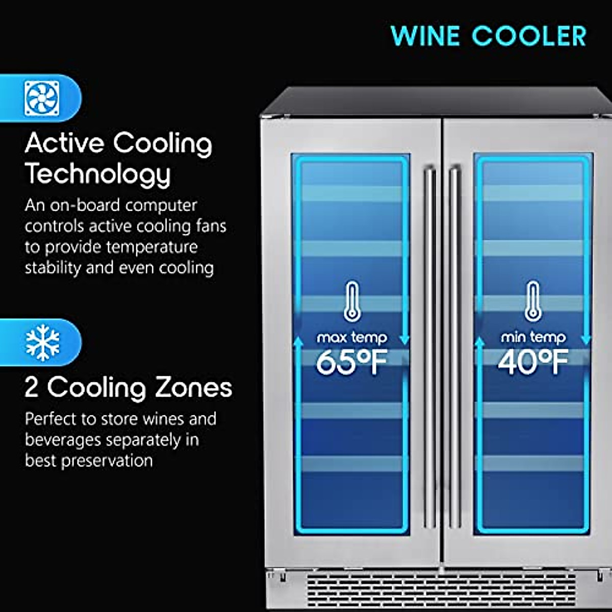 Zephyr Presrv 24" Wine Fridge Dual Zone Under Counter - Countertop Mini Wine Cooler Cellars Small Cabinet Wine Refrigerator Home Bar Chiller Freestanding with Two French Glass Door, 21 Bottles 750ml