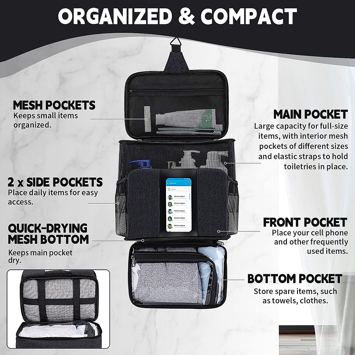 Funambulist Portable Shower Caddy College Dorm Room Essential for Girls and Guys Large-Capacity Hanging Toiletry Bag for Bathroom, Travel, and Gym (Black)