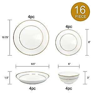 Bone China Dinnerware, 16PC Set, Service for 4, Double Gold Rim, White, Microwave Safe, Elegant Giftware, Dish set, Essential Home, Everyday Living, Display, decoration, Kitchen Dishes, Dinner set
