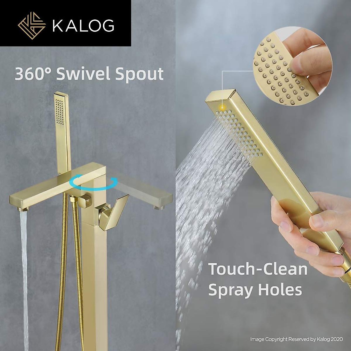 Kalog Single Handle Freestanding Tub Filler Floor Mount Bathtub Faucet with Square Handheld Shower (Brushed Gold-E)