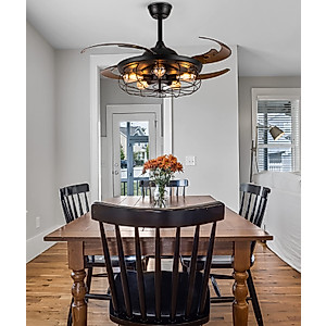 APBEAMLighting 48 Inches Retractable Ceiling Fan Industrial Caged Ceiling Fan Reversible Blades Black Farmhouse Ceiling Fan with Lights and Remote Control for Living Dining Room