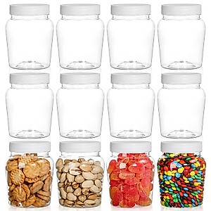 Goaste 12 Pack Round Clear Plastic Jars, 16 OZ Empty Storage Container, Household Refillable Candy Jar with Airtight Cap, Small Screw-On Lids Cylinder for Kitchen Food Storage, Nuts, Spices, Honey