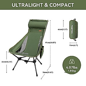 TOBTOS High Back Camping Chair, Lightweight Camping Chair with Headrest, Stable Portable Folding Chair for Outdoor Camp, Hiking, Backpacking (Green)