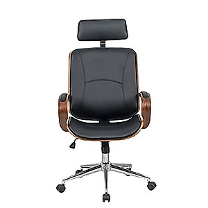 IDS Home Modern High Back Walnut Wood Office Chair with PU Leather Curved Ergonomic Bentwood Seat Swivel, Executive Wheels, Headrest Lumbar Support, Height Adjustment - Black
