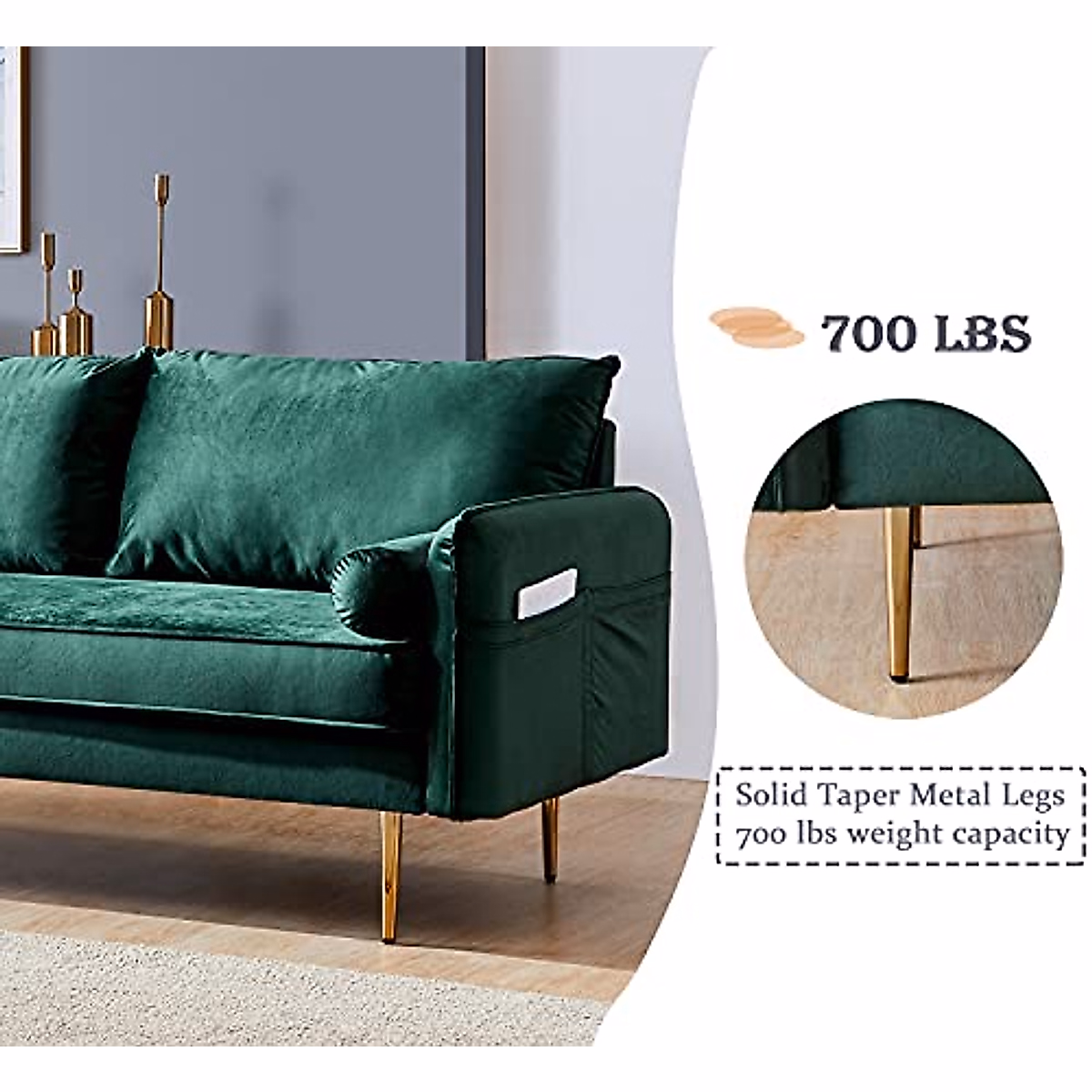 SLEERWAY Velvet Couch with 2 Small Pillows, Modern Loveseat Sofa Twin Size Contemporary Sofas for Living Room and Bedroom (Green)