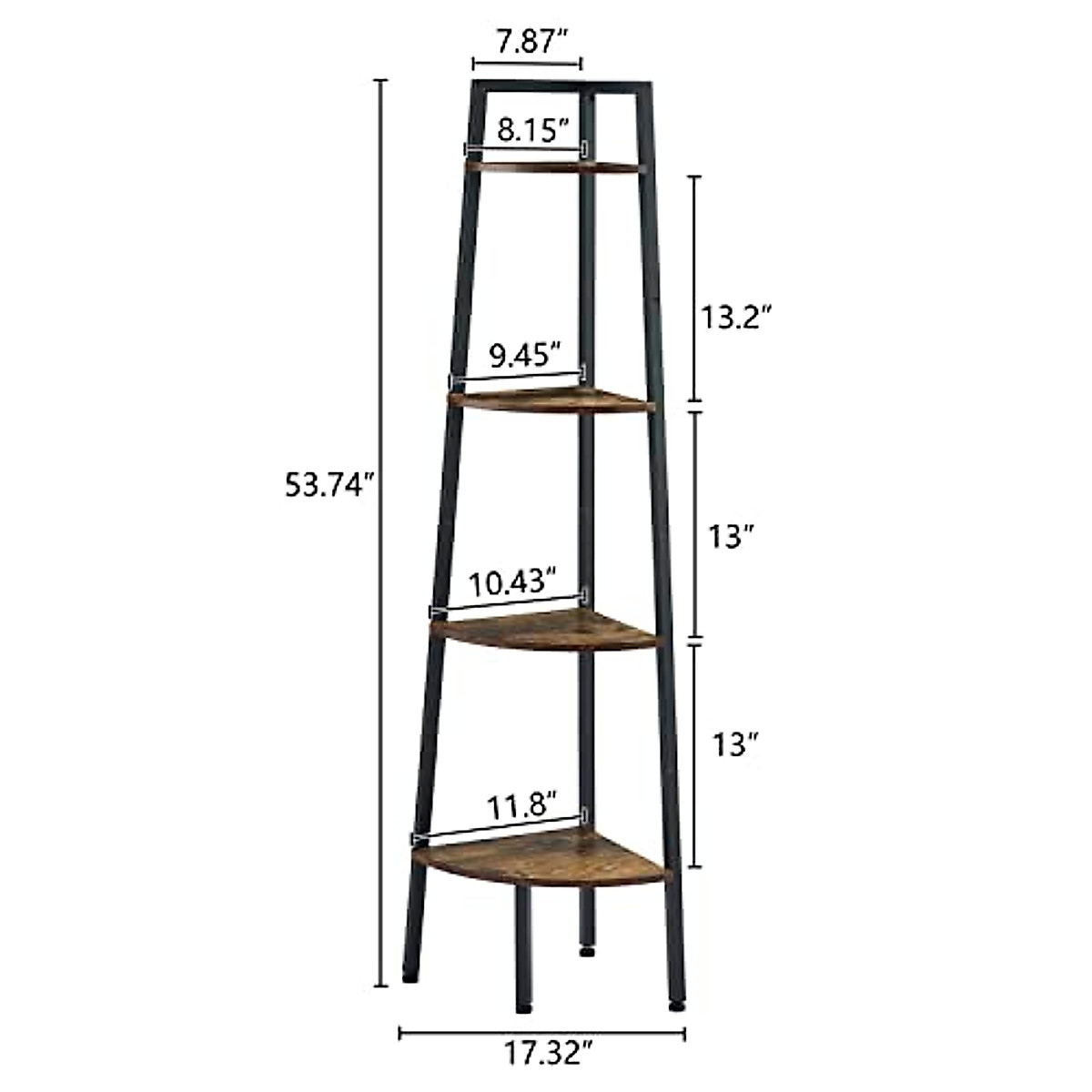 Hoctieon Corner Shelf, 4-Tier Corner Bookshelf, Rustic Corner Ladder Shelf, Industrial Display Shelf for Living Room, Kitchen, Home Office, Balcony, Small Space, Metal Frame, Rustic Brown