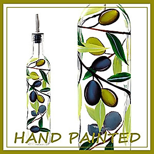 YIYUKODO 17oz Hand Painted Glass Olive Oil Bottle Dispenser- 500ml Green Oil & Vinegar Cruet with Pourers and Funnel - Olive Oil Carafe Decanter for Kitchen (olive)