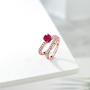 Gem Stone King 18K Rose Gold Plated Silver Red Ruby and White Moissanite Wedding Engagement Band Bridal Set Ring For Women (1.49 Cttw, Gemstone July Birthstone, Available In Size 5, 6, 7, 8, 9)