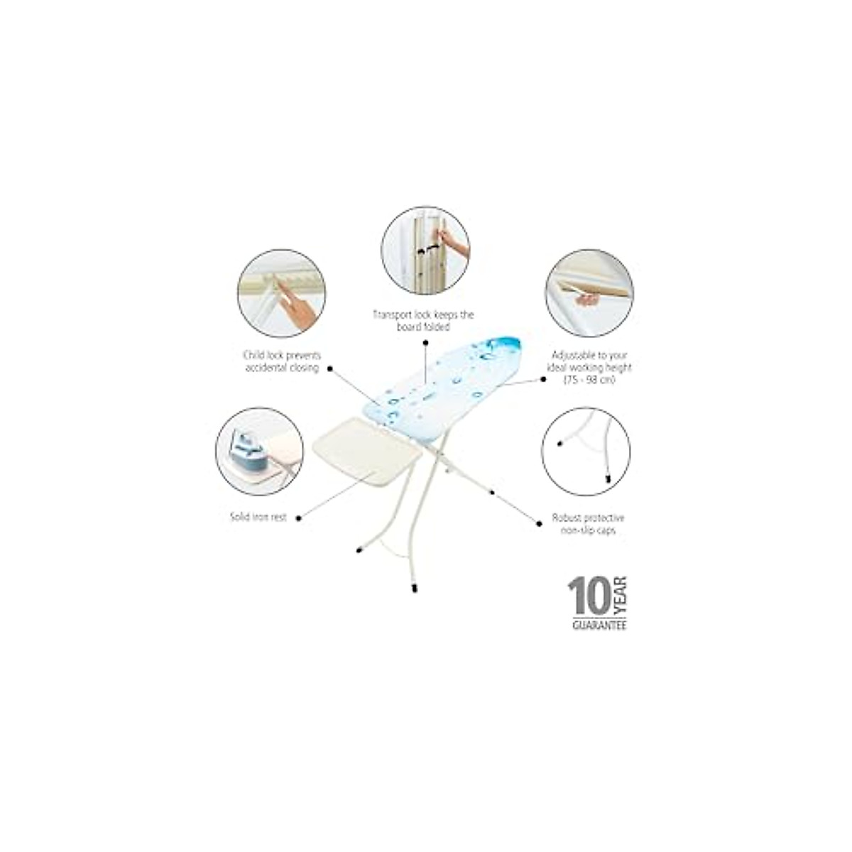 Brabantia Size C Ironing Board (49x18 in) 7 Height Options, Solid Steam Unit Rest Holder (Ice Water) Non-Slip Feet, Anti-Collapse Child Locks