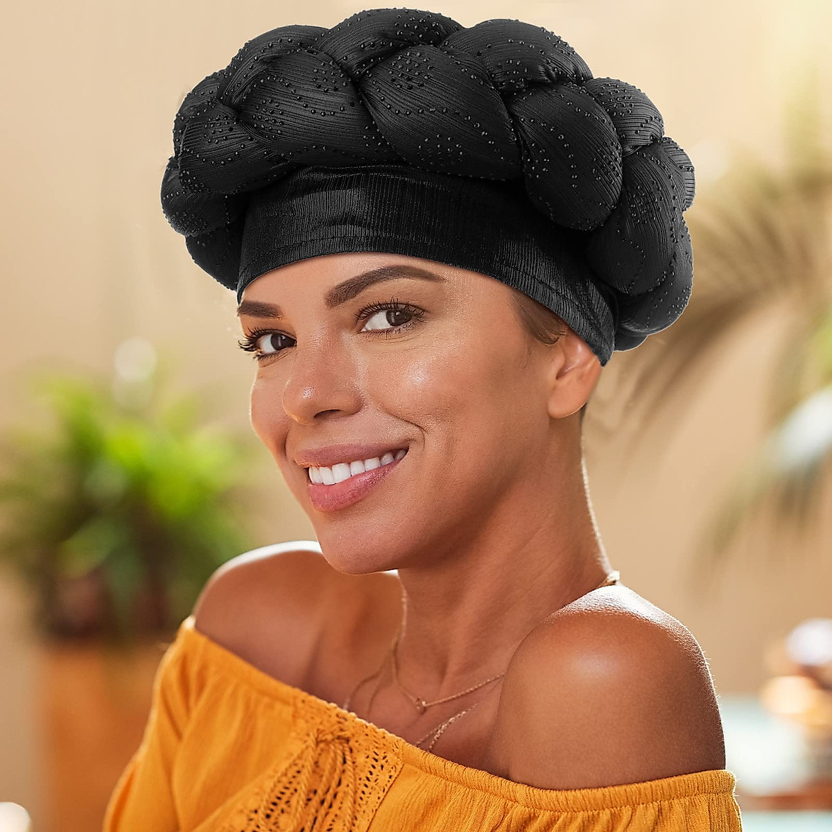 Lenwen 6 Pcs African Turban Head Wrap for Black Women Braid Beanie Cap (Novel)