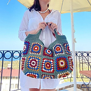 Granny Square Blocking Handmade Crochet Shoulder Tote Bag Vintage Boho Hippie Unique Artistic Handbag Kintting EN8