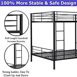 Movdevy New Upgrade Queen Over Queen Bunk Bed, Heavy Duty Bunk Beds Queen Over Queen Size with Ladder & Guardrail for Kids Adults Teens Boys, Weight Capacity 600 lbs, Black (QUEEN OVER QUEEN BUNK BED)