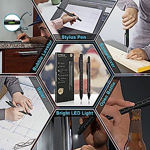 Tools for Men,Cool Gadgets,2 Pack 9 in 1 Multitool Pen Set with LED Light, Touchscreen Stylus, Ruler, Level, Bottle Opener,Flathead, and Ballpoint Pen(Black）