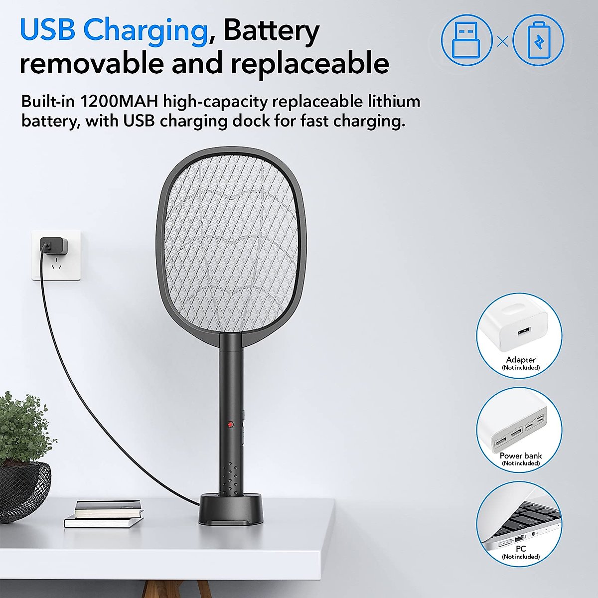 2 Pack Electric Fly Swatter 2 in 1 Bug Zapper Racket & Mosquito Zapper,4000V with USB Charging Base，Powerful Mosquito Swatter with 3 Layers of Safety Net Suitable for Indoor and Outdoor…