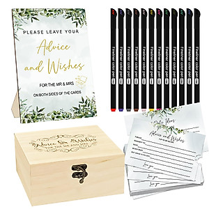 1DFAUL 134 Pcs Bridal Shower Decorations, Advice and Wishes for the Mr and Mrs, Greenery Advice for the Bride and Groom, with Wedding Advice Sign 12 Color Pens Wish box, for Wedding Games Party