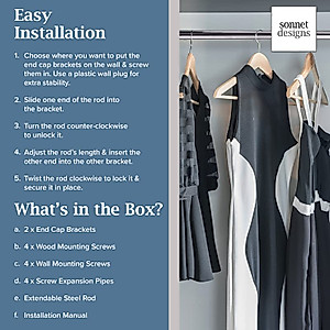 Sonnet Designs Adjustable Closet Rod - Closet Rods for Hanging Clothes, Wardrobe, Shower Pole, Kitchen, Windows, Rustproof Stainless Steel - 22.5 to 39.5” Closet Hanging Rod