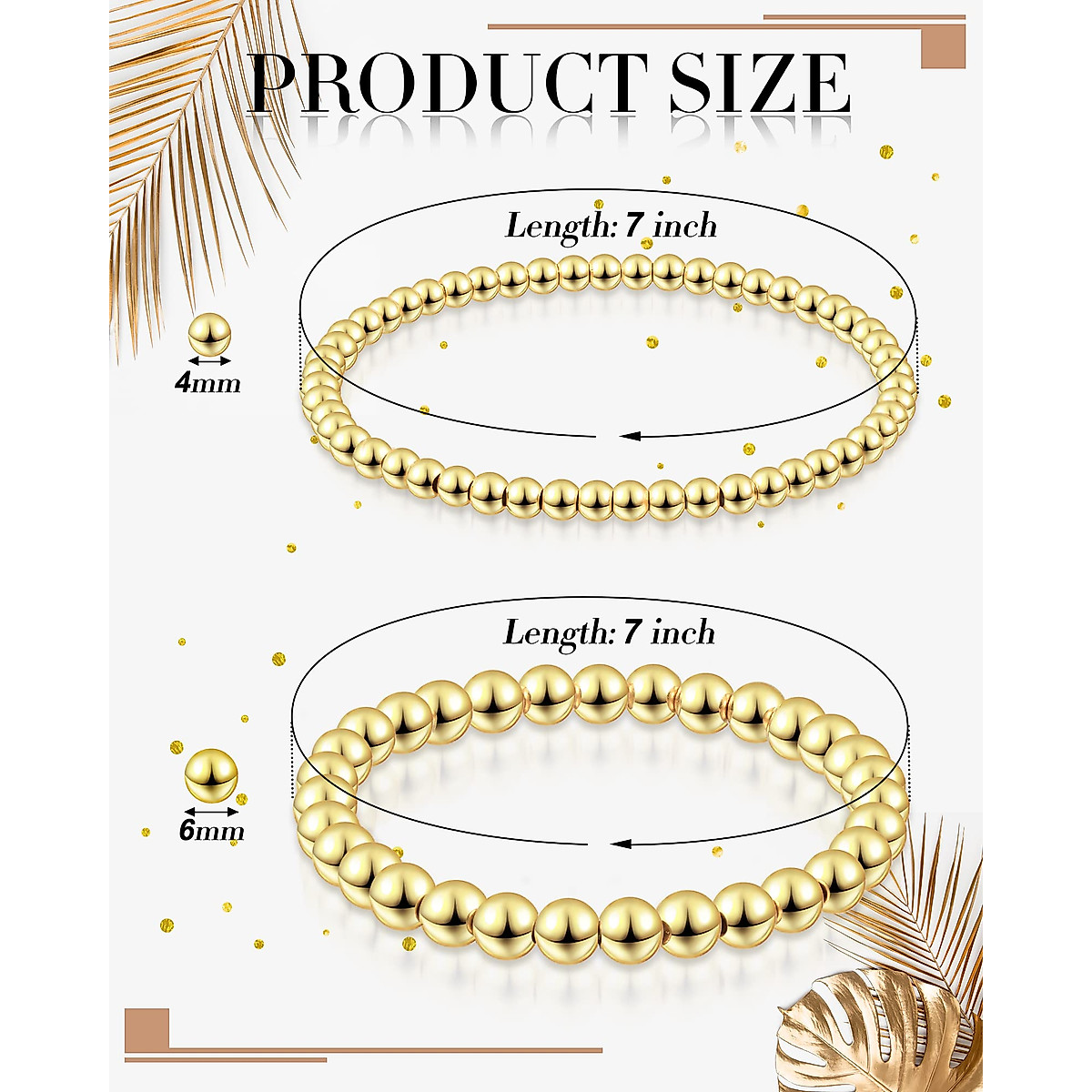Taiyin 40 Pcs Gold Beaded Bracelet for Women Sets Gold Bead Bracelet Elastic Ball Bracelet Gold Beaded Bracelets for Women Beaded Stretch Bracelets for Friendship Jewelry Gifts, 4 mm and 6 mm