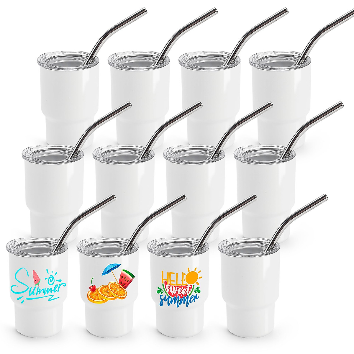 Joyclub 12 Pack 3 oz Mini Tumbler Shot Glass with Straw and Lid White Insulated Personalized Sublimation Short Glasses Mini Tumbler for Espresso Coffee Kids Party Favors