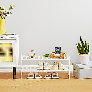 quiqear Bamboo Shoe Rack, 2 Tier Shoe Rack Organizer, Stackable & Durable Shoe Shelf Holder, Free Standing Shoe Racks, Shoe Storage Organizer for Entryway, Closet, Hallway (White)