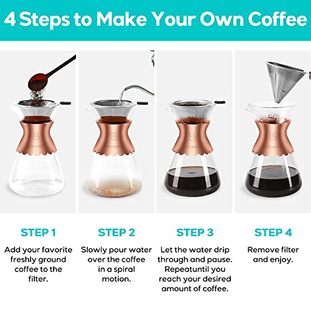 CASABREWS Pour Over Coffee Maker, Coffee Dripper Brewer with Reusable Double-layer Stainless Steel Filter, 34oz Heat Resistant Glass Coffee Pot, Elegant Coffee Carafe, Gift for Dad or Mom, Rose Gold