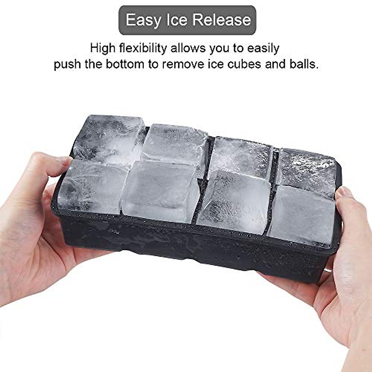CHIYAN Ice Cube Trays Silicone Mold - Easy Release Ice Cube Molds Sphere Ice Ball Maker with Removable Lid and Large Square Ice Molds Reusable and BPA Free for Whiskey and Cocktails, Set of 3, Black