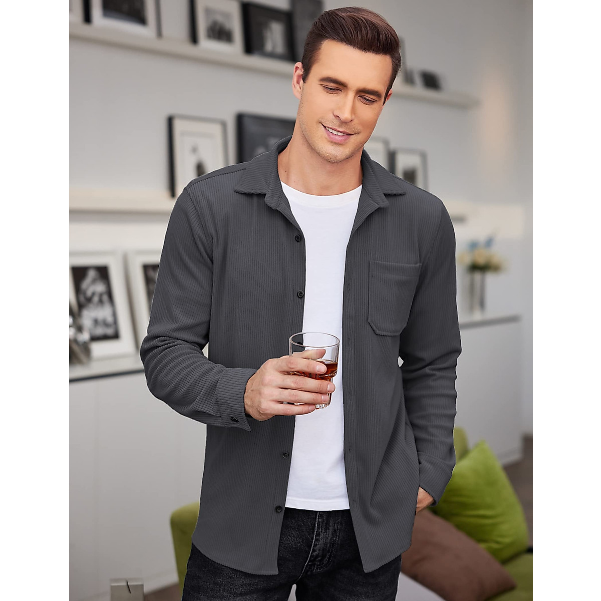 COOFANDY Men's Corduroy Shacket Casual Button Up Work Jackets Lightweight Shirt Jacket Dark Grey