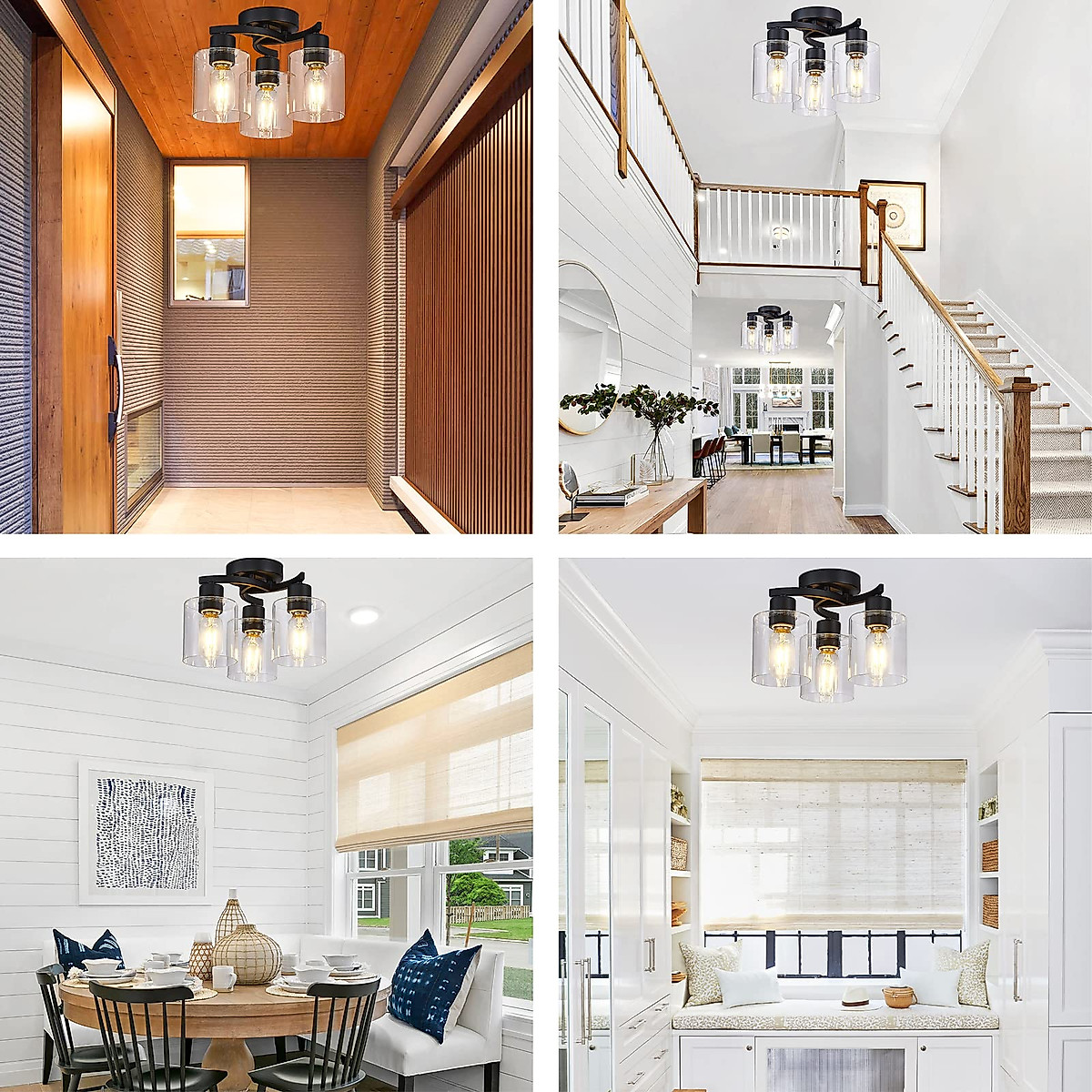 Eatich Flush Mount Ceiling Light, 3-Light Black Ceiling Light Fixture, Kitchen Light Fixtures with Clear Glass Shade, Modern Hallway Light Fixtures Ceiling Mount for Foyer Entryway