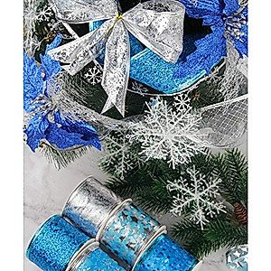 VATIN Christmas Ribbon,Wired Holiday Party Ribbons Assorted Snowflake Dot Holly Star Patterns Decorations, Swirl Sheer Glitter Ribbon 36 Yards (2.5" Width x 6Yard Each Roll) -Blue/Silver