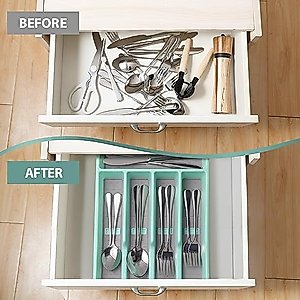 Joequality Silverware Organizer with Icons，Plastic Cutlery silverware Tray for Drawer，Utensil Flatware Tableware Organizer for Kitchen with Non-slip TPR,Fits Standard Drawer,5-Compartment,Light Blue