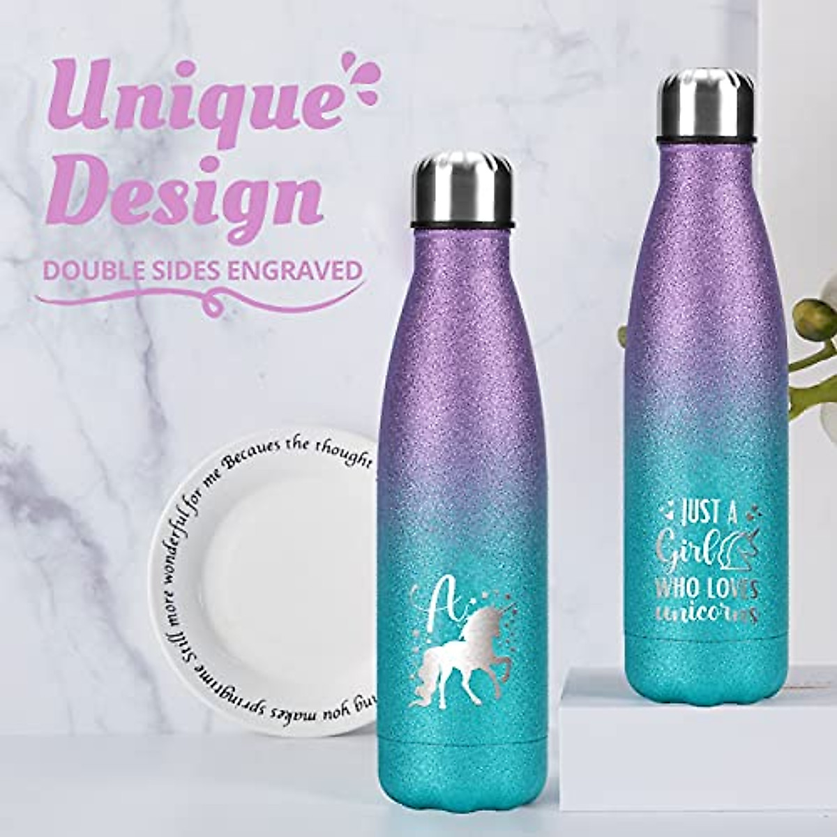 Unicorn Stainless Steel Water Bottle, Unicorn Gifts, Unicorn Party Supplies, Double Wall Vacuum Insulated Thermo Bottle Glitter Purple 17oz/500ml - Initial C