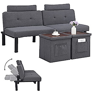 VUYUYU Convertible Futon Sofa Bed with Two Storage Ottoman/Coffee Table, Folding Loveseat Sleeper, Small Futon Couch for Compact Living Space, Apartment, Dorm, Bedroom, 3 Angles/Metal Legs
