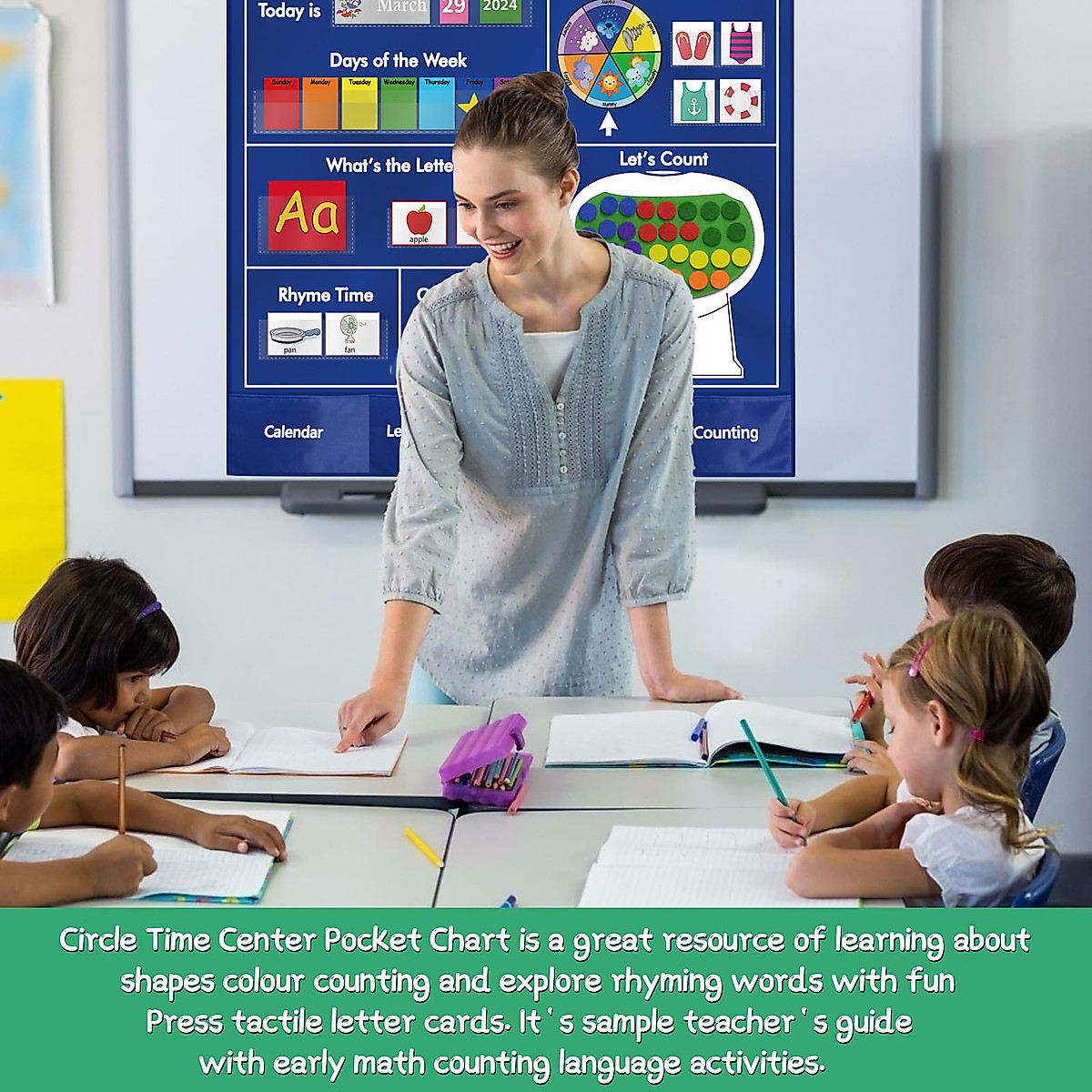 KIKIGOAL Circle Time Center Classroom Pocket Chart Educational Pocket Chart Teaching Materials Learning Calendar Weather Counting Letter Color Shape etc