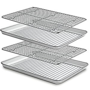 Baking Sheet with Cooling Rack Set(2 Pans+2 Racks) 16'', Terlulu Stainless Steel Baking Pan with Wire Rack, Heavy Jelly Roll Sheet Pan&Bacon Rack for Oven Cooking, Cookie Sheet, 16 x 12.1 x 1.1 Inch