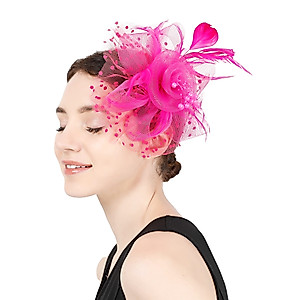 Fascinators Hat Flower Cocktail Lace Mesh Feathers Headband Clip for Women Tea Party Wedding Vintage Derby Hats-Hot Pink-01