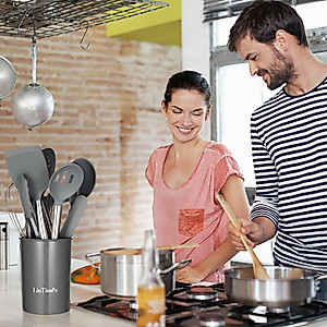 Fashionwu Silicone Cooking Utensil Set, 13 Pcs Nonstick Heat Resistant Silicone Cookware Set with Storage Bucket, Stainless Steel Handle Kitchen Utensil Set, Gray