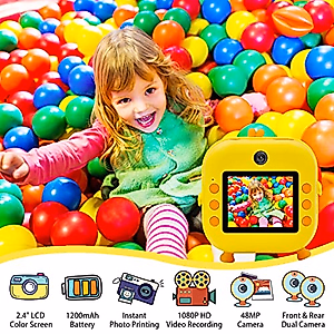 Instant Print Camera for Kids,Zero Ink Kids Camera with Print Paper,Selfie Video Digital Camera with HD 1080P 2.4 Inch Screen 3-14 Years Old Children Toy Learning Camera for Birthday,Chistmas-Yellow