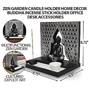Basic Fundamentals Zen Garden Candle Holder Home Decor - Buddha Incense Stick Holder Office Desk Accessories - Zen Garden Sand Office Decor - Buddha Table Top - 8.75" x6.5”x 8.75”