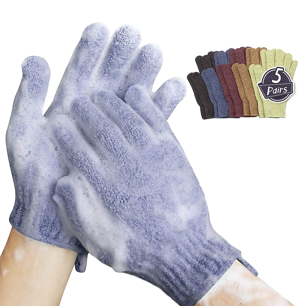 MIG4U Shower Exfoliating Scrub Gloves Medium to Heavy Bathing Gloves Body Wash Dead Skin Removal Deep Cleansing mitts for Women and Men 5 Pairs 5 Colors