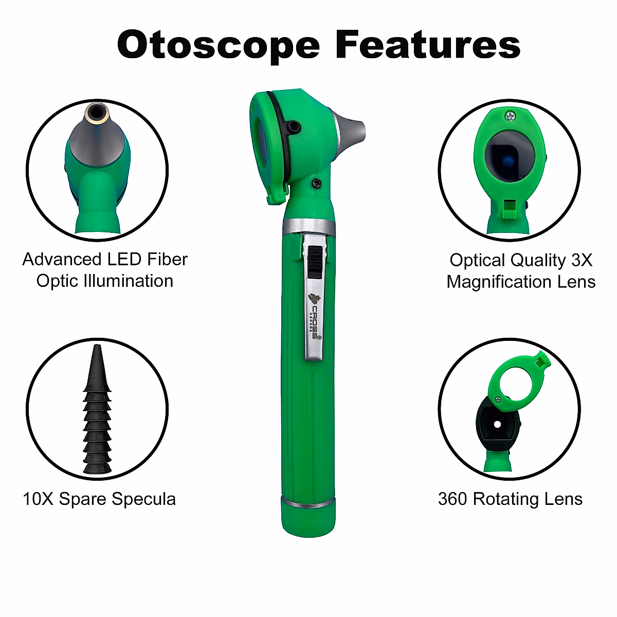 Cross Canada 11-084 Physician Fiber Optic LED Pocket Otoscope Diagnostic Set - Green