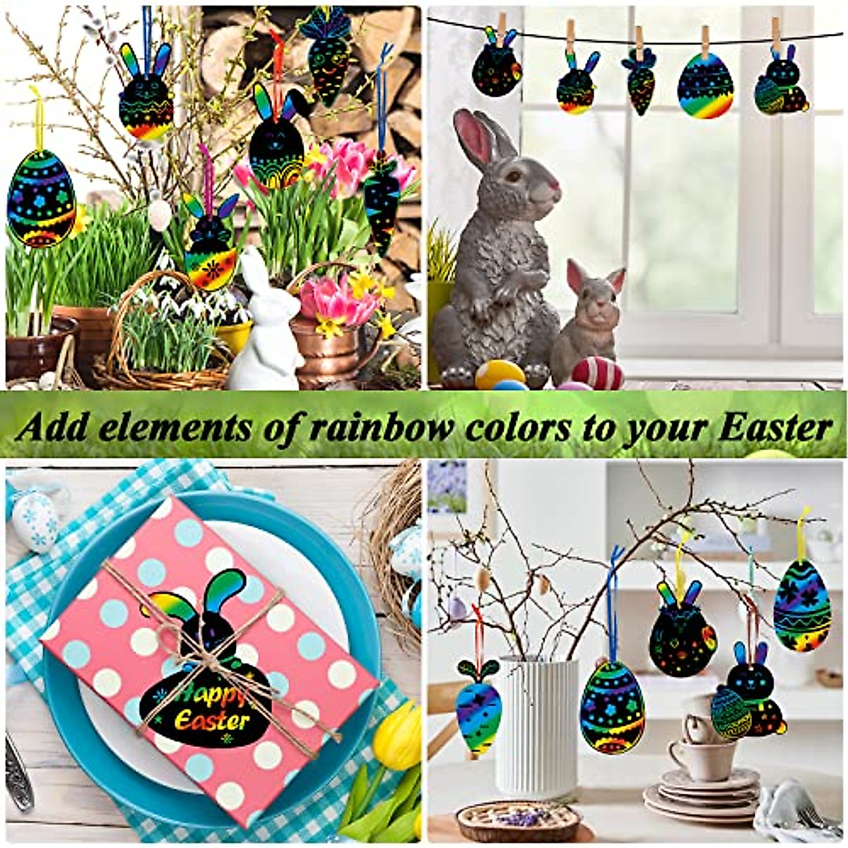 GOMANCHE 48 Pcs Easter Scratch Crafts for Kids, Rabbit Bunny Carrot Easter Egg Rainbow Scratch Paper Ornaments with Wooden Stick and Ribbon for Easter Party Favors