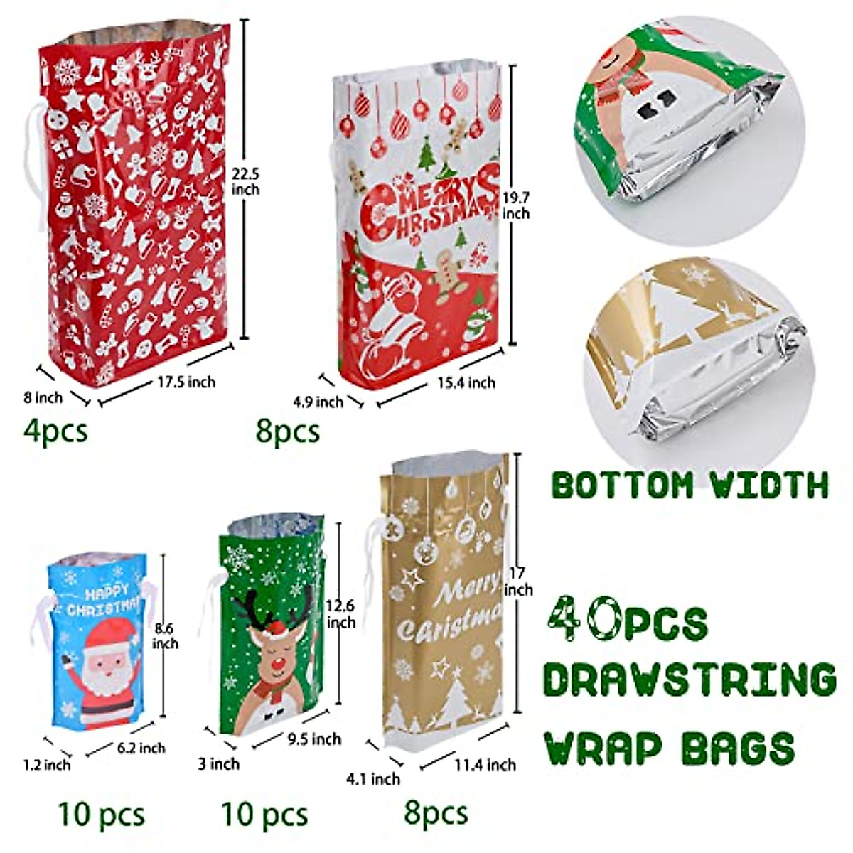 40pcs Drawstrings Christmas Gift Bags Assorted Sizes, Holiday Gift Bag Bulk Christmas Bags For Gifts Wrapping, Reusable Plastic Xmas Presents Party Favor Goody Bags Jumbo/Extra Large/Medium/Small