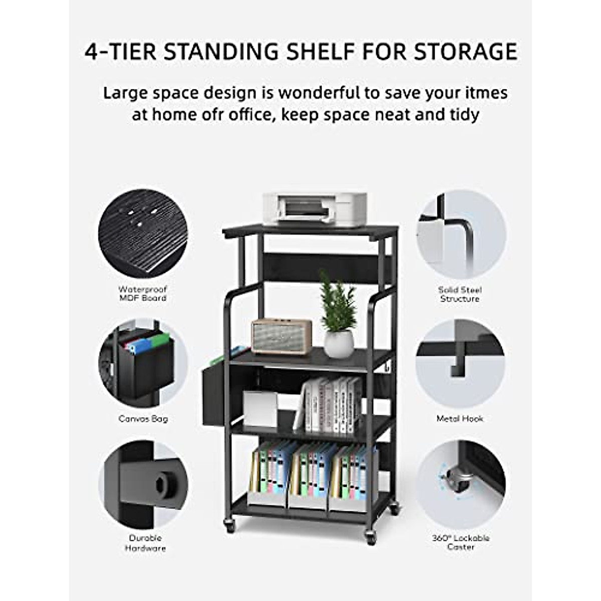 4-Tier Home Kitchen Standing Shelf Cart W/ Storage and Lockable Wheels, Tall Mobile Rolling Rack with Large Storage Space for Home Kitchen, Versatile, Durable - Black