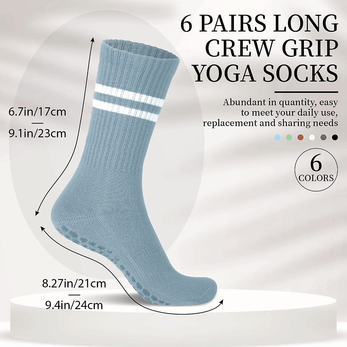6 Pairs Women Long Pilates Grip Socks with Non Slip Crew Grippy Socks with Stripe for Sports Yoga Barre Ballet (Classic Color)