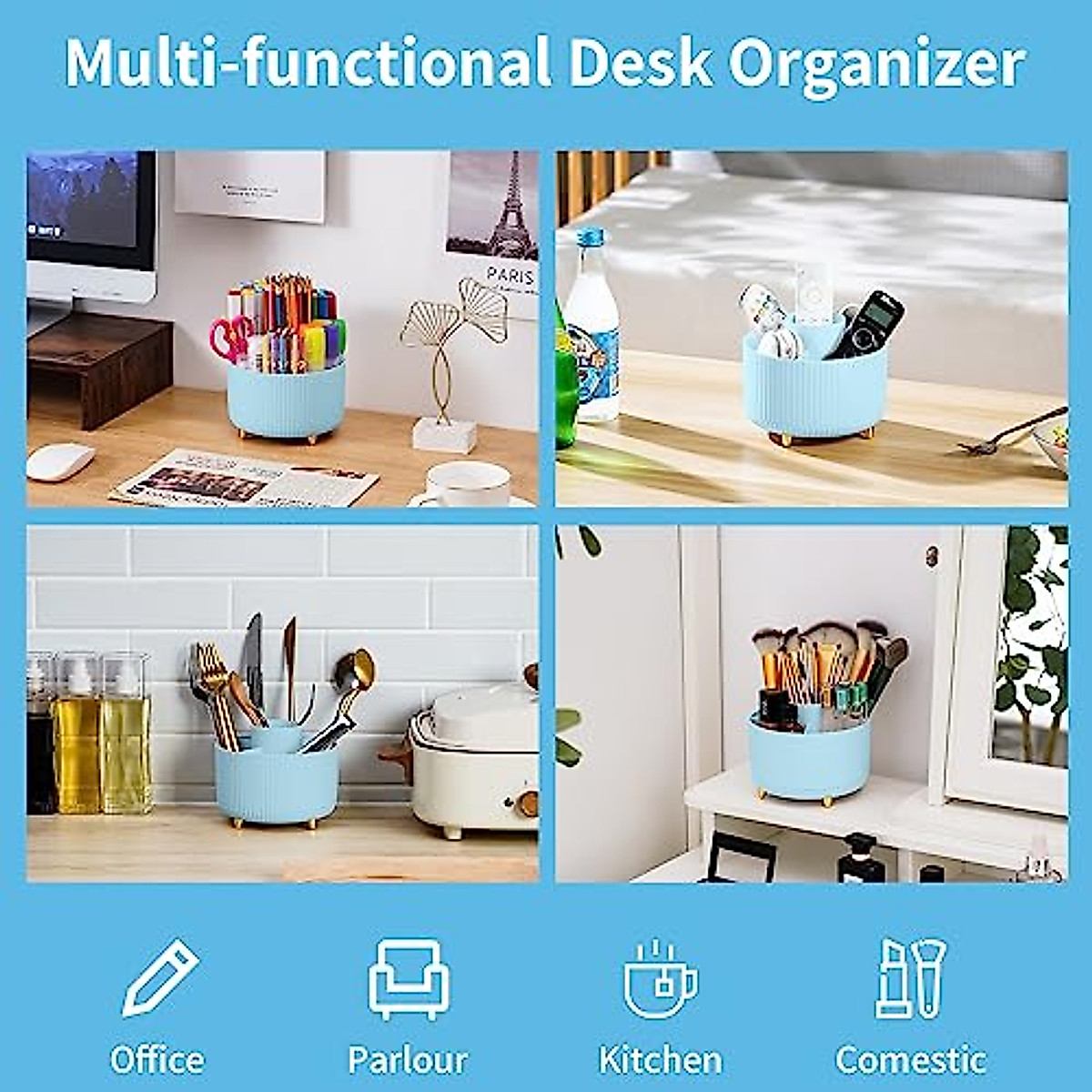 Marbrasse Desk Organizer, 360-Degree Rotating Pen Holder for Desk, Desk Organizers and Accessories with 5 Compartments Pencil Organizer, Art Supply Storage Box Caddy for Office, Home （Light Blue）