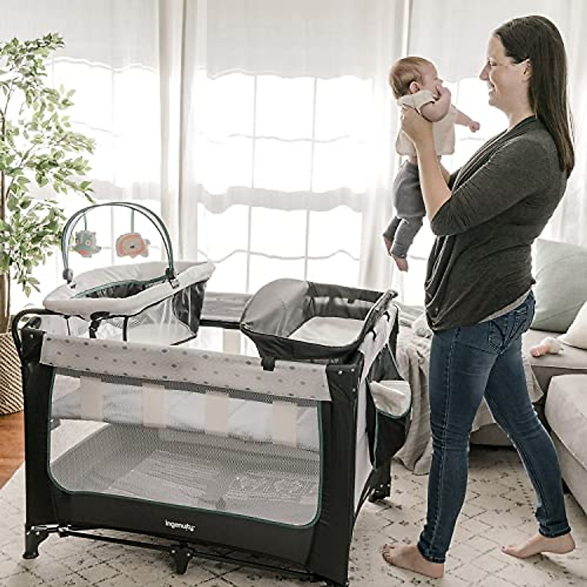 Ingenuity Smart and Simple Portable Playard with Changing Table, Play Pen, Bassinet for Infant & Storage Pockets, Easy to Fold - Nash