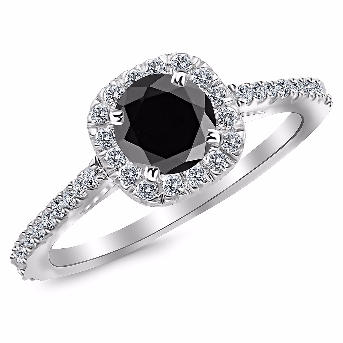 Houston Diamond District 2.35 Carat 14K White Gold Gorgeous Classic Cushion Halo Style Diamond Engagement Ring w 2 Carat Black Diamond Center (Heirloom Quality)