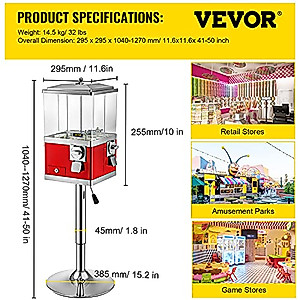 VEVOR Gumball Machine with Stand, Red Quarter Candy Dispenser, Rotatable Four Compartments Square Candy Vending Machine, PC & Iron Large Gumball Bank Adjustable Dispenser Wheels for 1 inch Gumballs